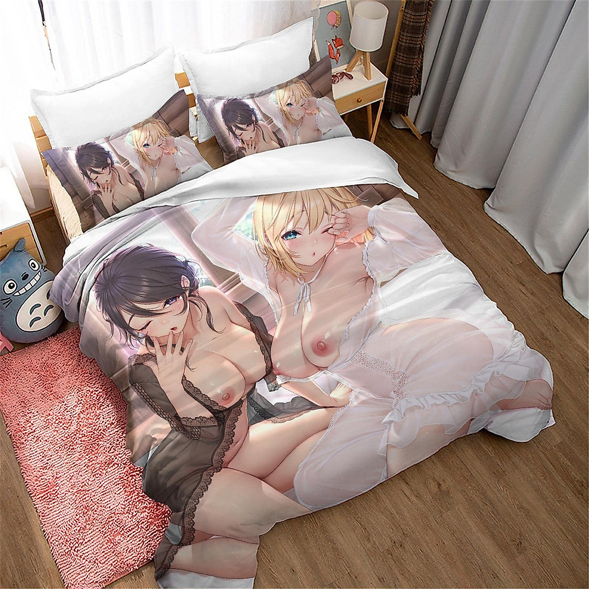 NICHIYOBI Sexy Anime Girls Uncensored Poster Duvet Cover 3 Piece Bedding Set,Adults Teen Movie Anime Themed Quilt Cover (Style 4,King104x90in + 20x36in*2)