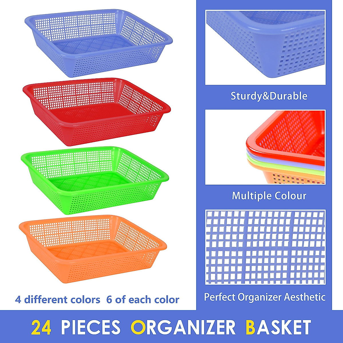 Kolewo4ever 24 Pack Classroom Storage Baskets Pencil Organizer Bins 13.5 x 10 x 3 Inch Paper Trays Organizer Basket Plastic Book Baskets for Classroom Library Organizer