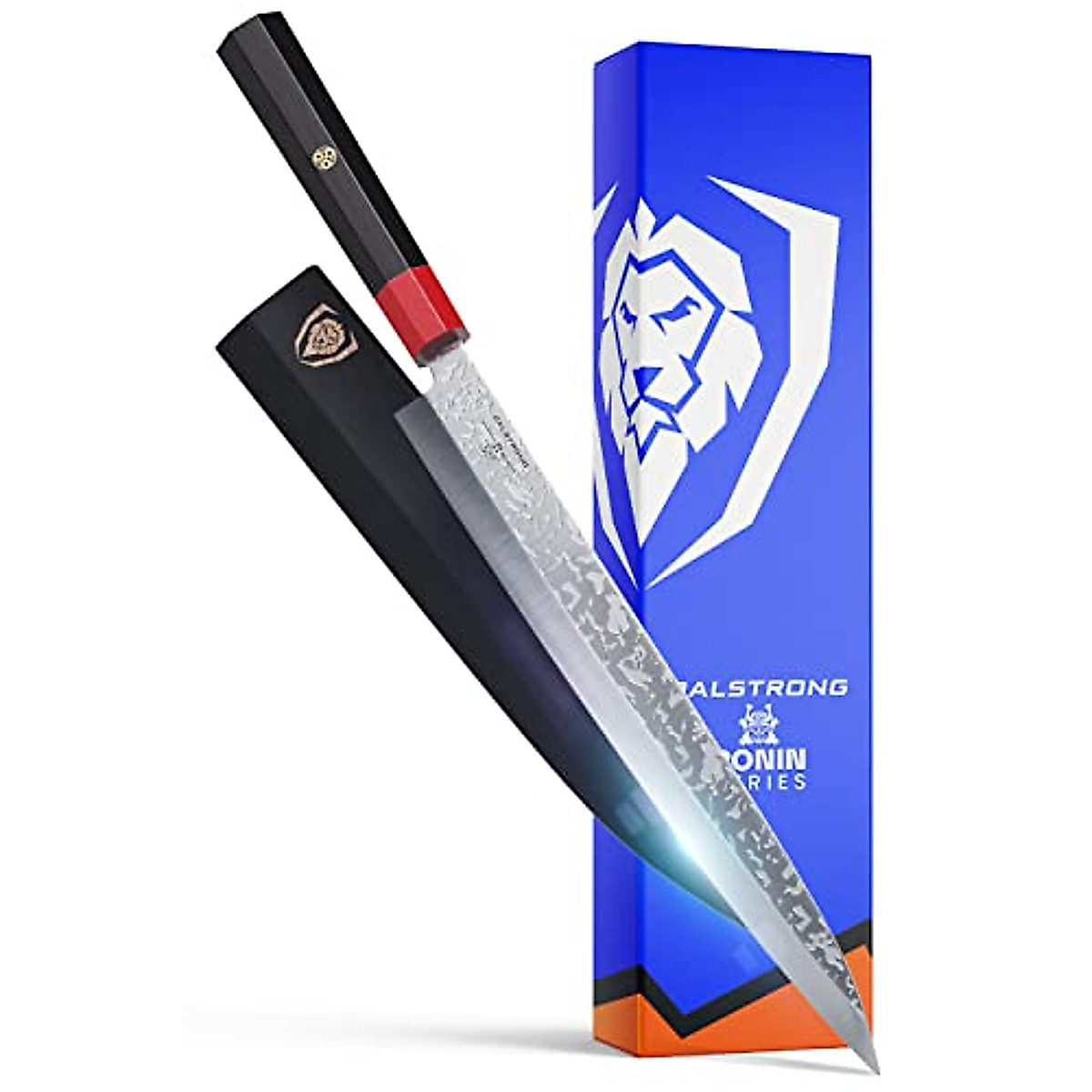 Dalstrong Ronin Series Japanese AUS-10V Damascus Steel Yanagiba Sushi Kitchen Knife with Red & Black G10 Handle, 10.5 Inches, Sheath Included