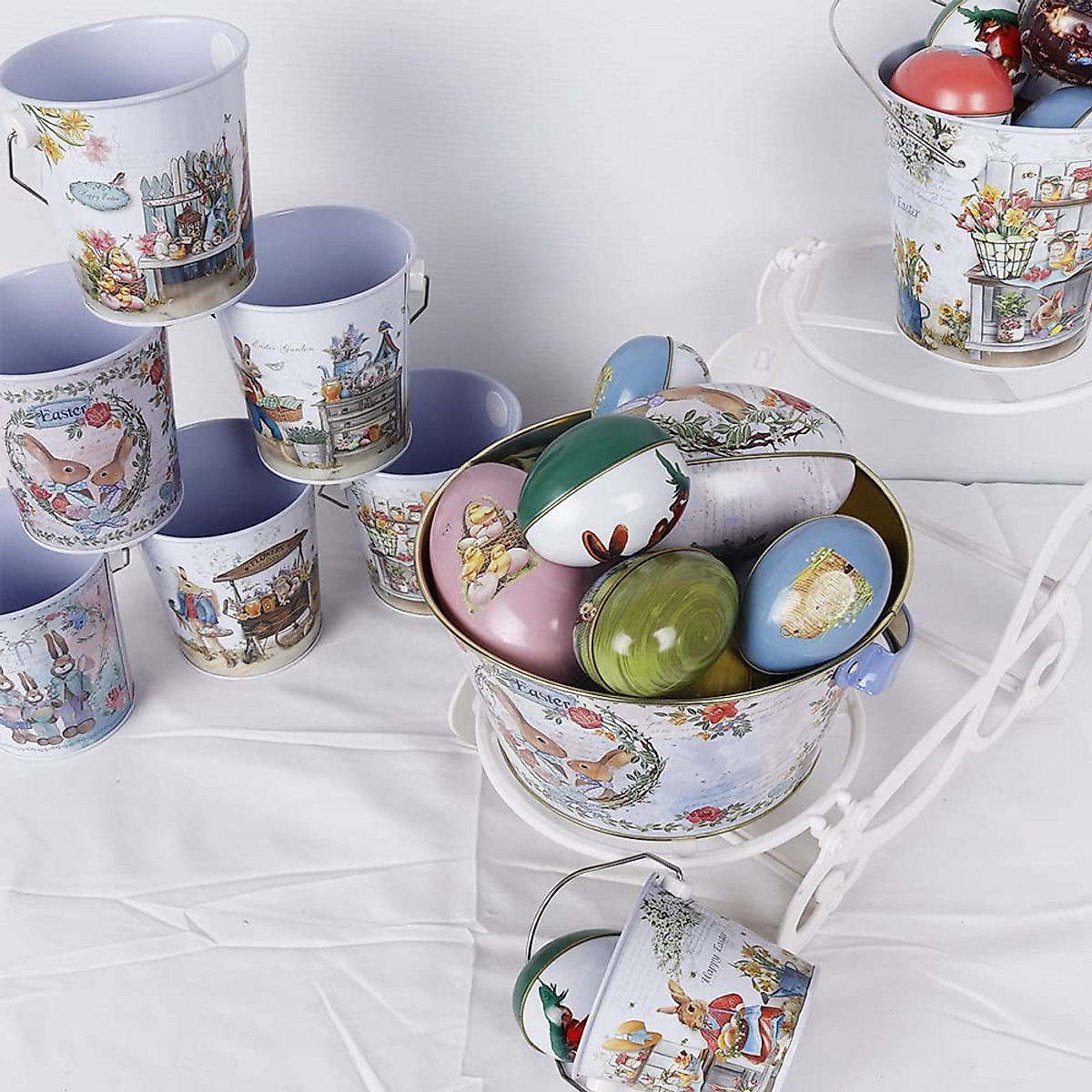 3 Pcs Easter Metal Buckets Easter Bunny Pail Baskets for Easter Eggs Hunt,Easter Pails Gift Baskets for Kids,Kids Easter Party Favor