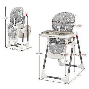 BABY JOY Folding High Chair for Babies & Toddlers, Infant Dining Chair w/Removable Dishwasher Safe Tray, 5-Point Safety Belt, Wheels, Detachable Cushion, Adjustable Backrest Footrest & Height (Gray)