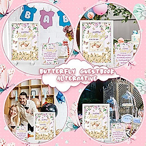 65 Pieces Butterfly Baby Shower Guest Book Alternative Set 60 Pieces Butterfly Token Baby Shower Sign in Guest Book Baby Keepsake Signature Book Picture Frame with Wooden Stand Storage Bag and Pen