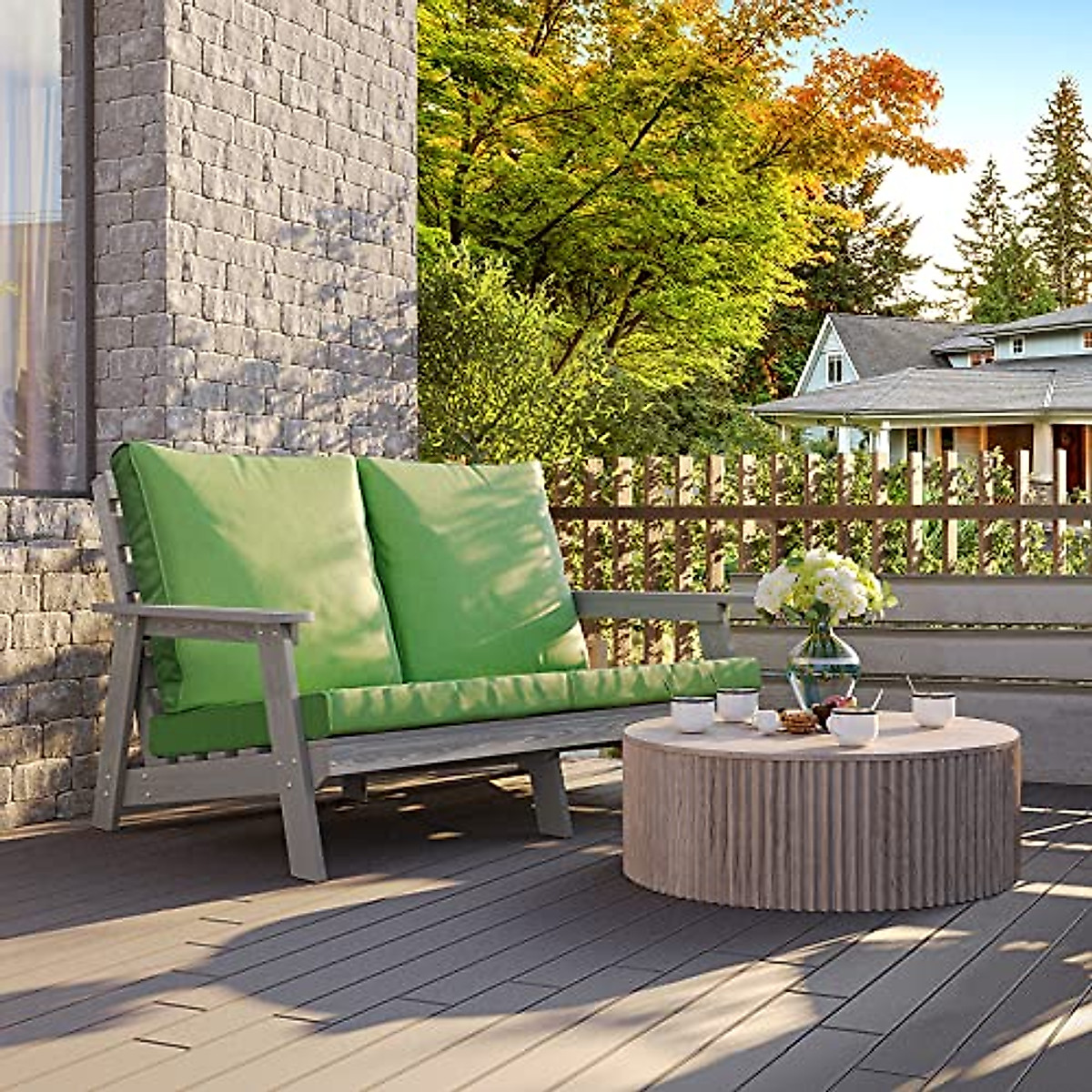 DWVO Patio Loveseat with Cushion, Hips All-Weather Resistant Outdoor Garden Sofa Wood Grain Outdoor Couch with Polyester Pillow, Green