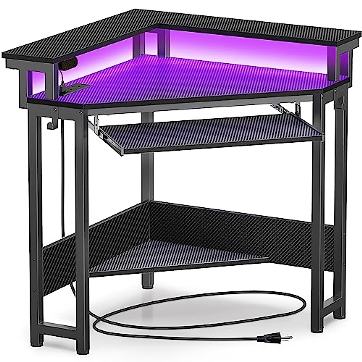 Rolanstar Corner Desk, 44.5" W x 34.5" H Small Carbon Fiber Computer Desk with Power Outlets, LED Lights and Keyboard Tray, Small Office Computer Desk with Monitor Stand for Small Space, Carbon Black