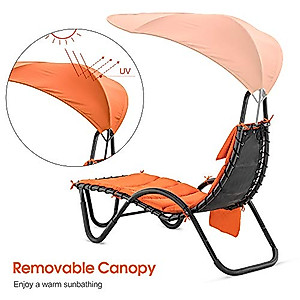 MCombo Outdoor Steel Chaise Lounge Chair with Removable Canopy and Cushions, Reclining Chair w/Side Pocket Arc Stand, for Beach Poolside Backyard Balcony Porch, 4097 (Orange)