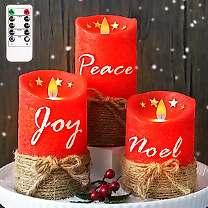 FLAVCHARM Holiday Flameless Candles, Peace Joy Noel with Rope Red LED Flickering Candles Battery Operated with Remote Control, Christmas Decoration for Home, Tablecenter, Bedroom, Bar Party