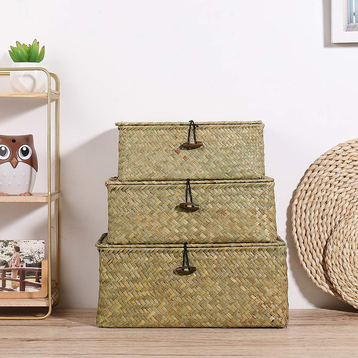 BESPORTBLE Set of 3 Wicker Shelf Baskets with Lid, Woven Seagrass Storage Bins for Shelves for Organizing, Rectangular Baskets for Decoration, Picnic, Groceries and Toy Storage