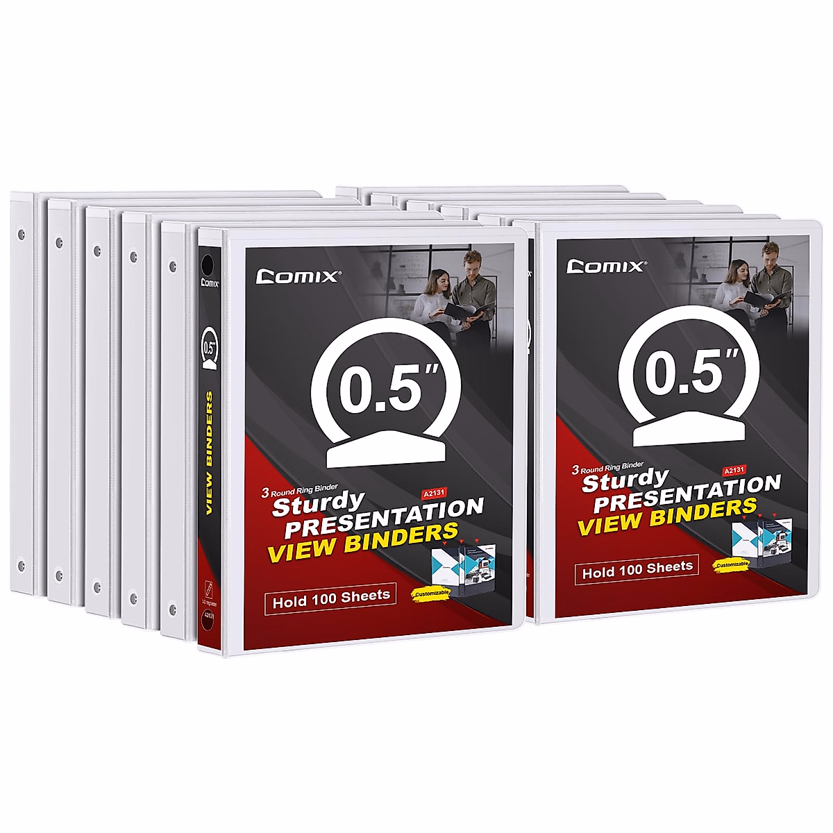 COMIX Sturdy 3 Ring Binder 0.5 inch with Clear View Cover, 1/2" Round Ring View Binder, PVC-Free, 100 Sheets Capacity of US Letter Size Paper, Office ＆ School Supplies, 12 Pack (White)