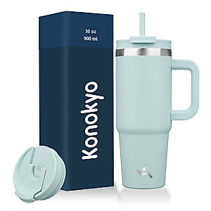 Konokyo 30 oz Tumbler with Handle and 2 Straws,2 in 1 Lid Insulated Water Bottle Stainless Steel Travel Coffee Mug,Blue Haze