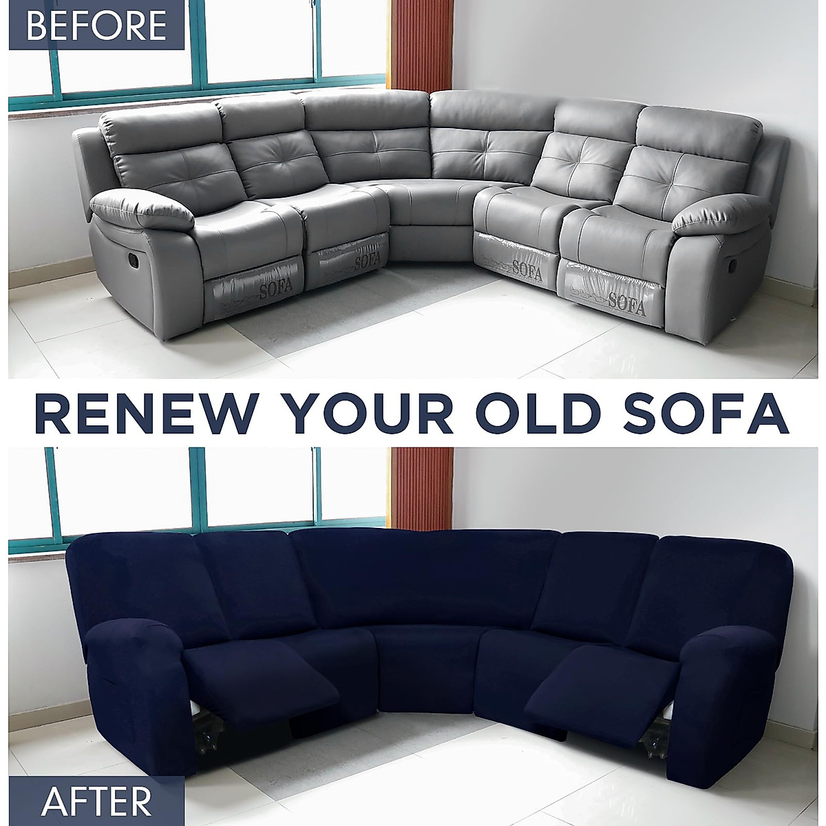 Peryiter 7 Pcs L Shape Sectional Recliner Sofa Covers 5 Seat Sectional Couch Covers Milk Silk Velvet Stretch Reclining Sofa Slipcover Furniture Protector for Living Room(Navy Blue,Milk Silk)