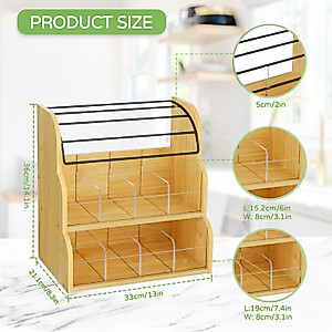 LASZOLA Bamboo Tea Bag and Coffee Holder Organizer for Cabinet Counter Office, 3 Tier Large Capacity Vertical K Cup and Tea Packet Storage Rack, Sturdy Display Stand, Easy Assemble