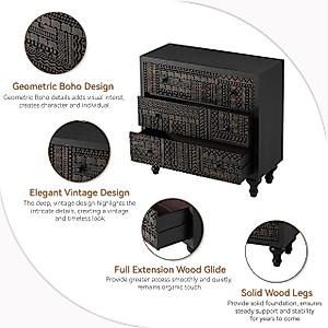 COZAYH 3 Drawer Farmhouse Dresser with Geometric Carved Pattern, Vintage Accent Wood Storage Chest Nightstand for Living Room, Bedroom, Boho, Mid-Century Modern, Black, Fully Assembled
