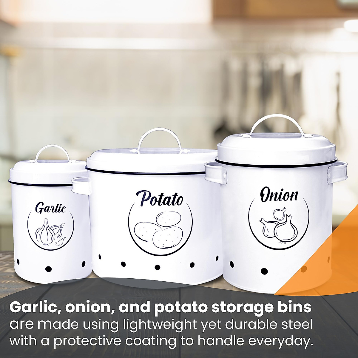 Wishful Home Potato storage | Onion & Potato Storage Container | Garlic, potato Keeper For Counter | Potato & Onion Storage Bin | potato onion garlic storage | 3 Metal Sets with Lid for Kitchen |White
