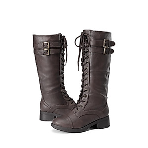 DREAM PAIRS Women's Pu Knee High Riding Combat Boots,Size 11,Brown,Georgia