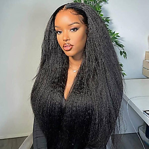 Alidiamond Kinky Straight Human hair Wig 13X4 Kinky Straight Wig Human Hair PrePlucked with Baby Hair 180% Density Yaki Straight Human Hair Wig 18 Inch Brazilian Remy Hair for Women