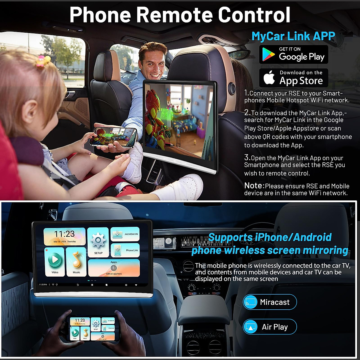 13.3 Inch 4K Android 11 Car Headrest Video Player, 2G+32G Rear Seat Car TV with 2.4G/5G WiFi, Car Headrest Screen Support Phone Wireless Connection Mirror Link, HDMI in+Out/Bluetooth/FM/USB