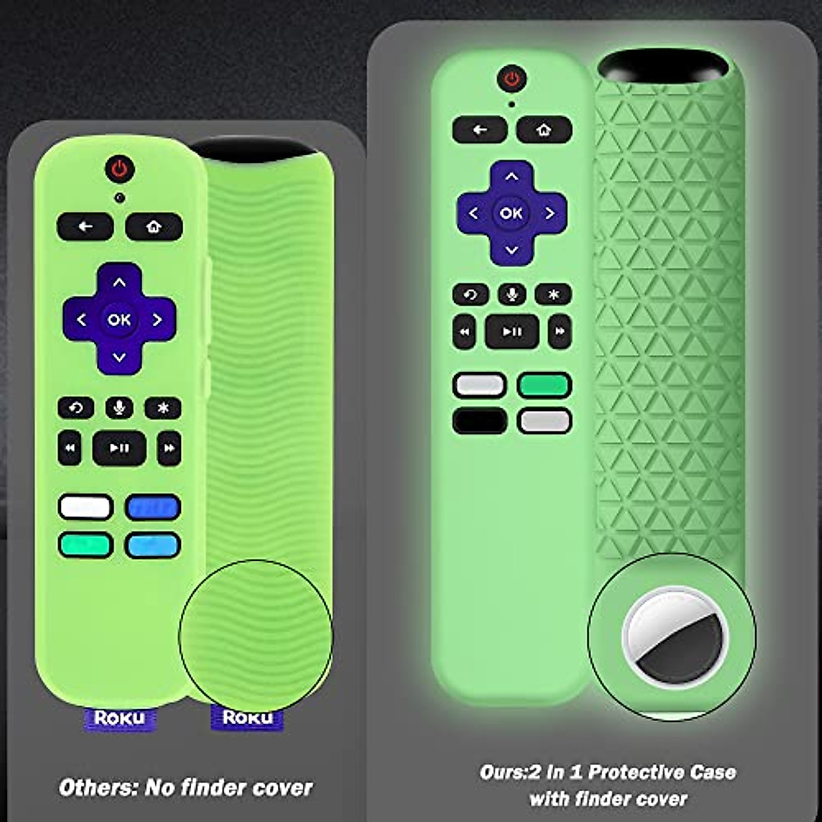 Seltureone 2 in 1 Remote Cover with AirTag Holder for Roku Voice Remote (Glow in The Dark), Roku Remote Cover Silicone Protective Case, Anti Slip Shock Absorption Washable, Green