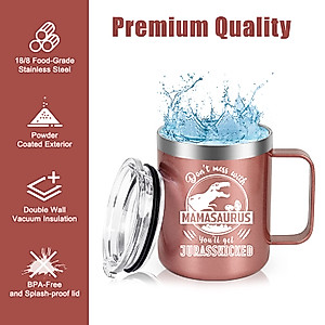 Lifecapido Mom Gifts - Don't Mess with Mama Saurus 12oz Insulated Travel Mug, Mamasaurus Stainless Steel Coffee Mug, Mother's Day Birthday Christmas Gift for Mom Mama Mother New Mom Stepmom, Rose Gold