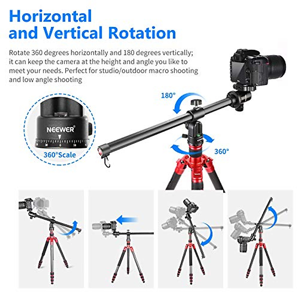 NEEWER Arrow Arm for Tripod, 50cm Horizontal Center Column 360° Swivel Aluminum Alloy for Aerial Photography, Macro and Low Angle Shooting, Load up to 10kg