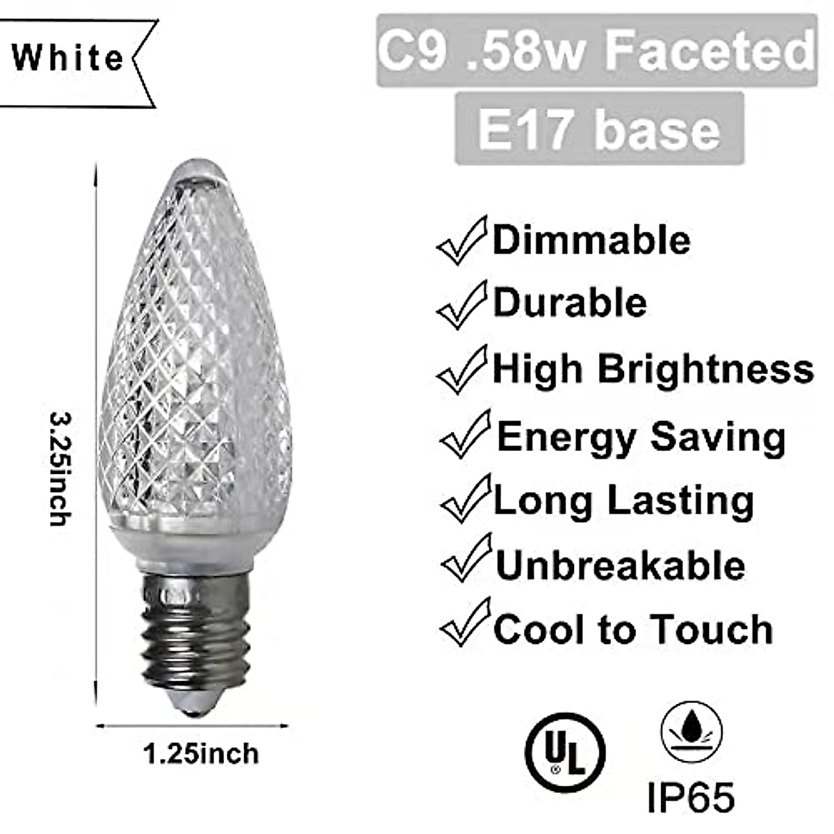 Set of 25 C9 White Faceted Cover Led Replacement Light Bulbs, Dimmable High Brightness E17 Christmas Decorative String Lights for Outdoor Holiday Decoration (White)