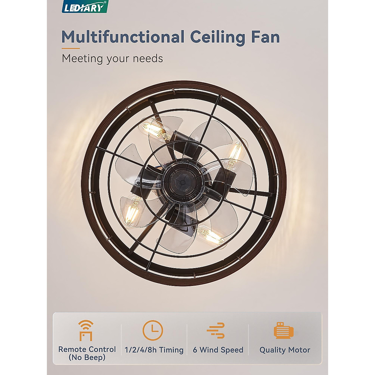LEDIARY 16.5in Caged Ceiling Fan with Light, Bladeless Industrial Ceiling Fan with Remote, Rustic Metal Fan Lights Ceiling Fixtures for Kitchen, Farmhouse, Bedroom（6 Speed,1/2/4/8h Timing）-Walnut