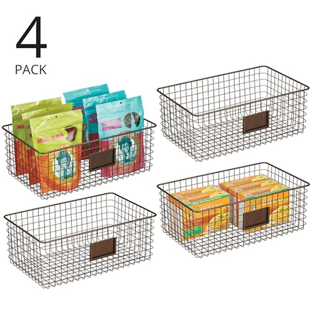 mDesign Metal Wire Storage Organizer Bin Baskets with Label Slot for Kitchen Pantry and Shelves - Wired Organization Holder for Food, Chips, Drinks, Omaha Collection, 4 Pack, Bronze