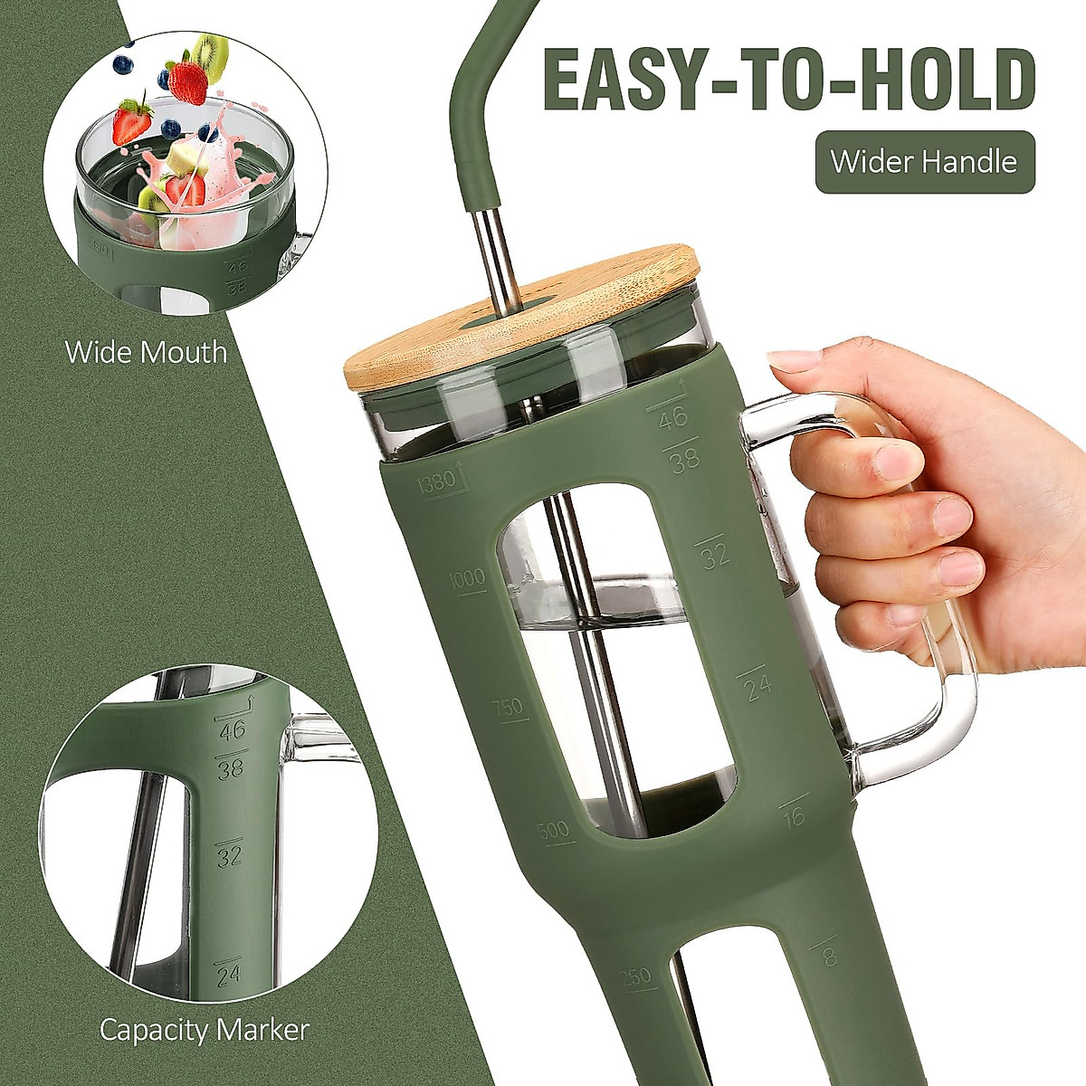 WINSA Glass Tumbler with Lid and Straw, 46 oz Iced Coffee Cup with Handle, Glass Water Bottles with Silicone Sleeve, Glass Cup with Straws - Pearl Straw & Drinking Straw BPA Free-Olive