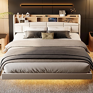 ANCTOR Floating King Bed Frame with Charging Station, Tall Bookcase Headboard, Solid Wood Slats Support, No Box Spring Needed, Easy to Assemble