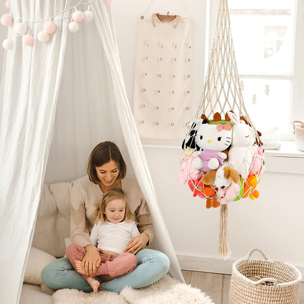 Dremisland Stuffed Animal Storage Toy Organizers and Storage, Display a Large Plush Toy! Boho Macrame Toy Net Hammock for Corners Walls Ceiling Nursery Kids Play Room Bedroom(Beige)