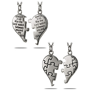 Stainless Steel Puzzle Piece Split Heart Necklace-Genesis 31:49