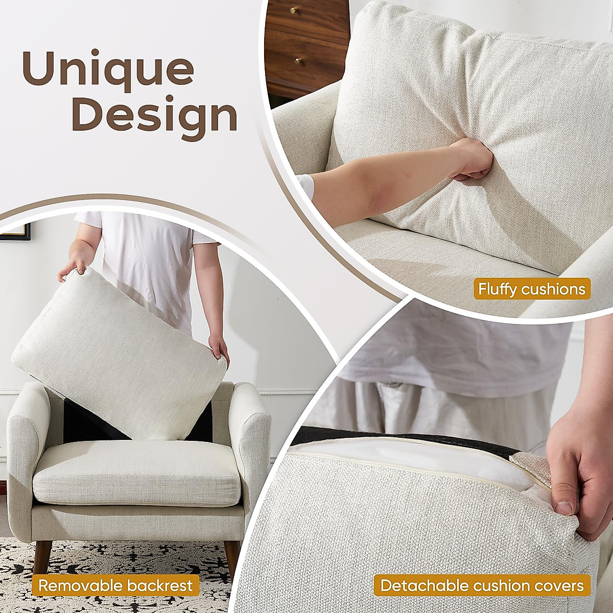 ELUCHANG Accent Chair Set of 2, Oversized Mid Century Modern Chair Living Room Chairs, Soft Linen Fabric Sofa Chairs Upholstered Arm Chair Comfy Chair for Bedroom Apartment (Creamy White)