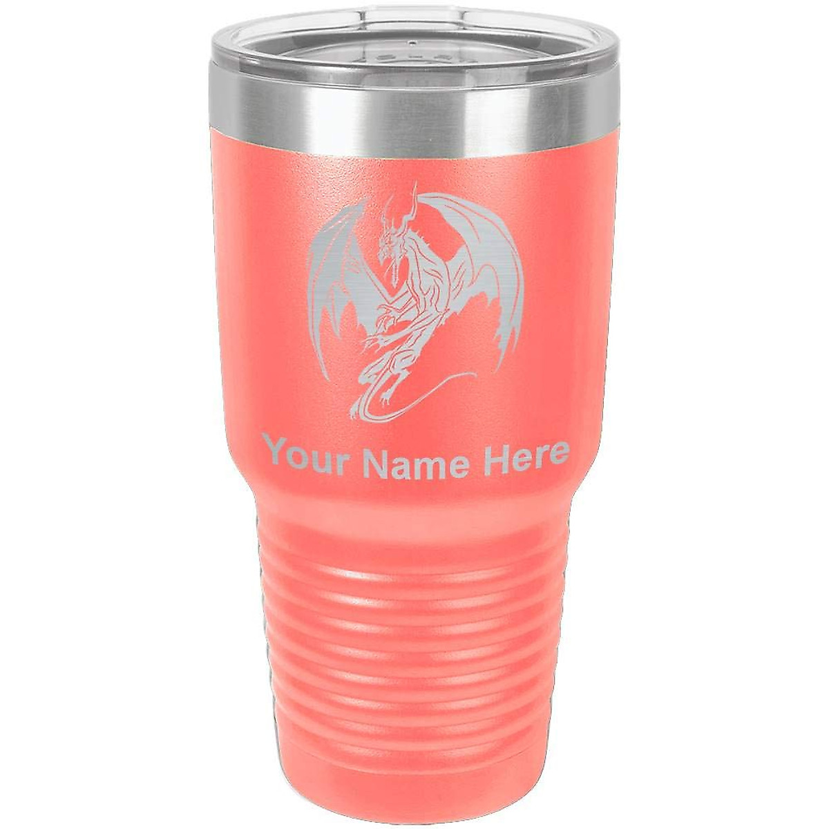 LaserGram 30oz Vacuum Insulated Tumbler Mug, Dragon, Personalized Engraving Included (Coral)