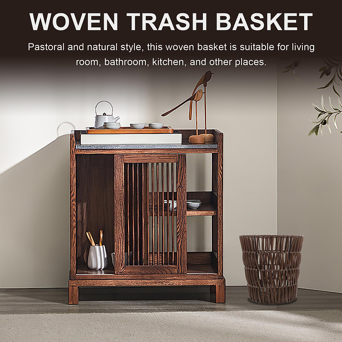 ABOOFAN Wicker Waste Basket, Small Trash Can, Trash Basket Rattan Garbage Can Seagrass Garbage Container Bin Laundry Hamper Basket for Bedroom, Office, Living Room Coffee