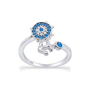 Round Simulated Blue Topaz 14k White Gold Over Sterling Silver Anchor & Rudder Ring