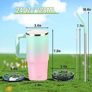 Zukro 24 oz Ceramic Coated Interior Tumbler with Handle and Straw, No Metal taste or Smell, Leakproof No Sweat Stainless Steel Coffee Cup with 2 Lids, Dishwasher Safe Insulated Travel Mug, Bubblegum