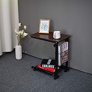 Sofa Side Table with Storage Basket，Mobile Wheel Computer Desk for Small Spaces Height Adjustable for Bedroom Office Coffe (Brown)