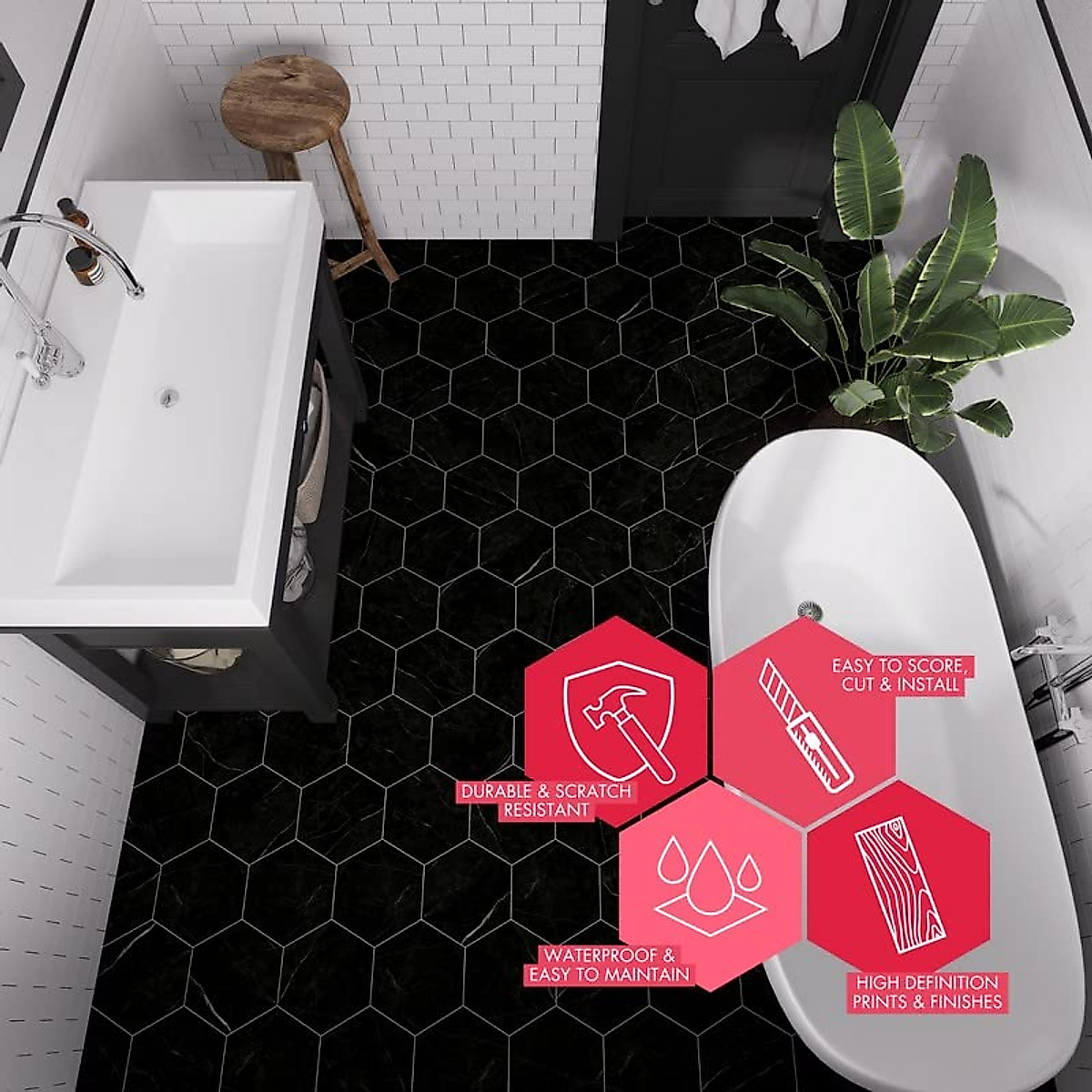 BaseCore HEX Hexagon Vinyl Flooring Black Marble 5.75" DIY Self Adhesive Textured Modern Floor Tile Peel & Stick Tile (36pcs/21.5sqft per case)
