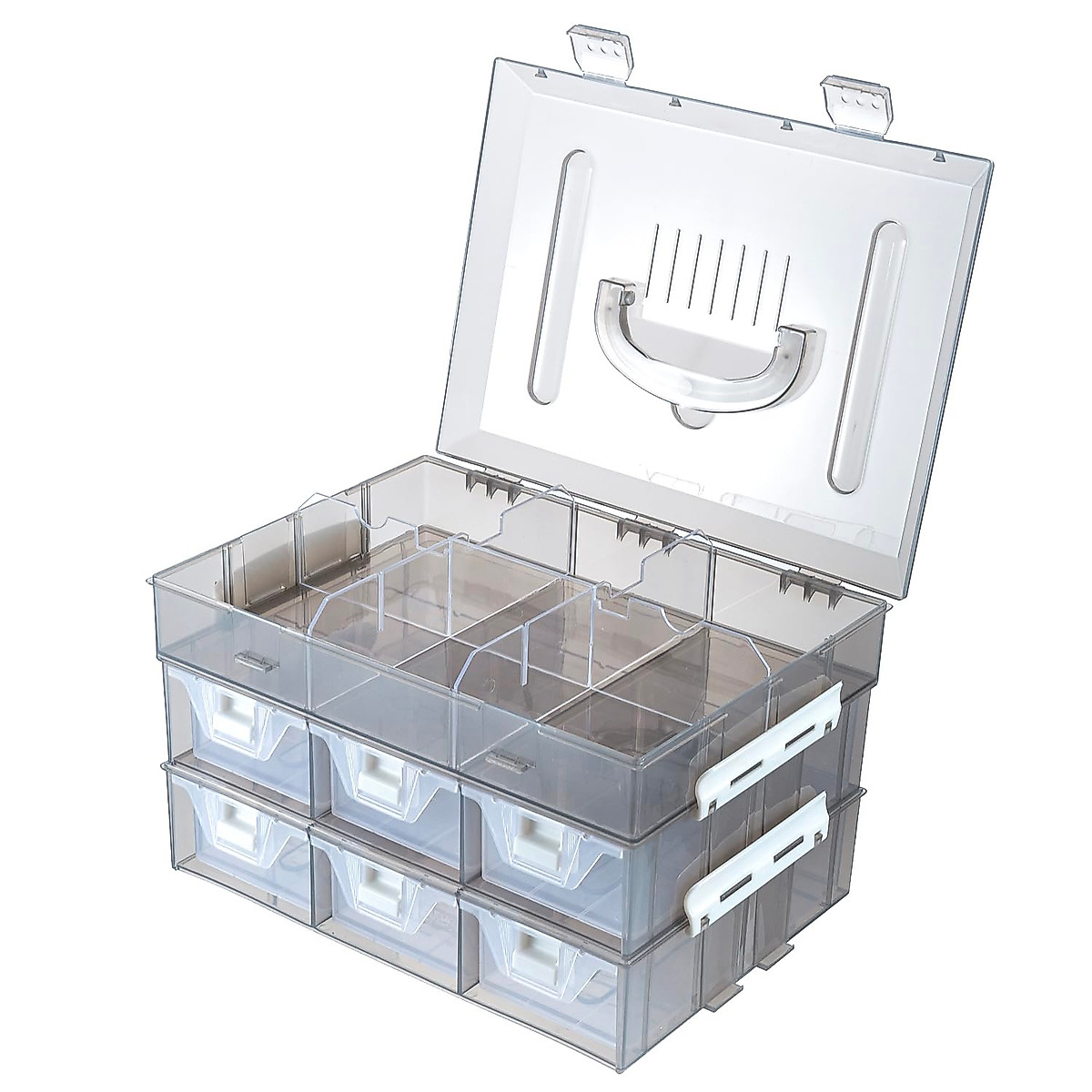 MyGift 11 Inch Smoke Gray Transparent Arts and Crafts Sewing Supplies Storage Organizer Case with White Accents, 24 Customizable Compartments, and 6 Drawers with Removable Dividers