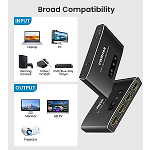 HDMI Switch 3 in 1 Out 4K UHD HDMI Switcher Splitter, Automatic Switch with Remote Metal HDMI Switch Box Hub Support 4K 30Hz 3D 1080P HDCP1.4 for PS5 PS4 Xbox DVD Player Fire Stick Apple TV PC