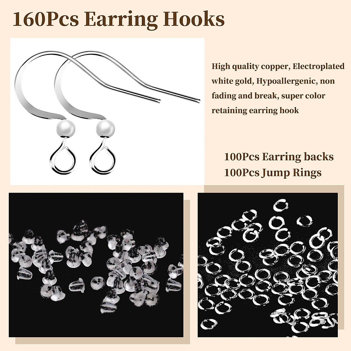 160 PCS/80 Pairs White Gold Tone Earring Hooks Hypoallergenic Ear Wires Fish Hooks with 100 PCS Clear Silicone Earring Backs and 100 PCS Jump Rings Earring Findings for DIY Jewelry Making