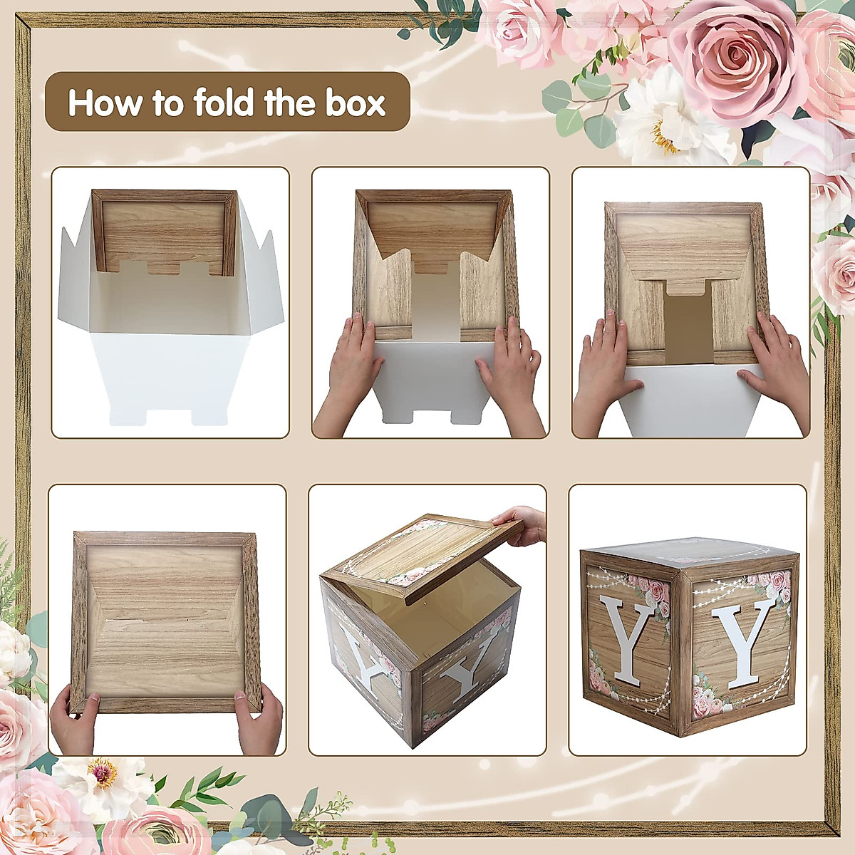 RUBFAC Rustic Floral Brown Baby Boxes with Letters for Baby Shower, 4pcs Baby Shower Decorations for Girls Baby Blocks Birthday Party Gender Reveal Photo Props for Girl Boy