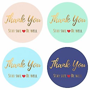 Mobiusea Party Thank You Stickers Roll | Stay Safe and Be Well | 1.5 inch | Waterproof | 500 Labels for Small Business, Packaging, Mailer Seal Stickers |4 Pastel Colors with Gold Foil Designs