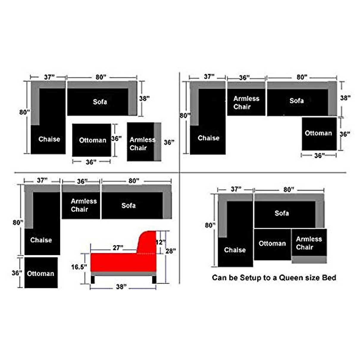 Stendmar 4pc 117" to 153" Modern Dark Gray Microfiber Sectional Couch Sofa S1107RDG