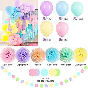 pugkloy Macaron Birthday Party Decorations with Macaron Happy Birthday Banner,Pastel Birthday Balloons,Circle Dots Garland,Tissue Pompoms,Hanging Swirls for Women Girls Pastel Birthday Decorations