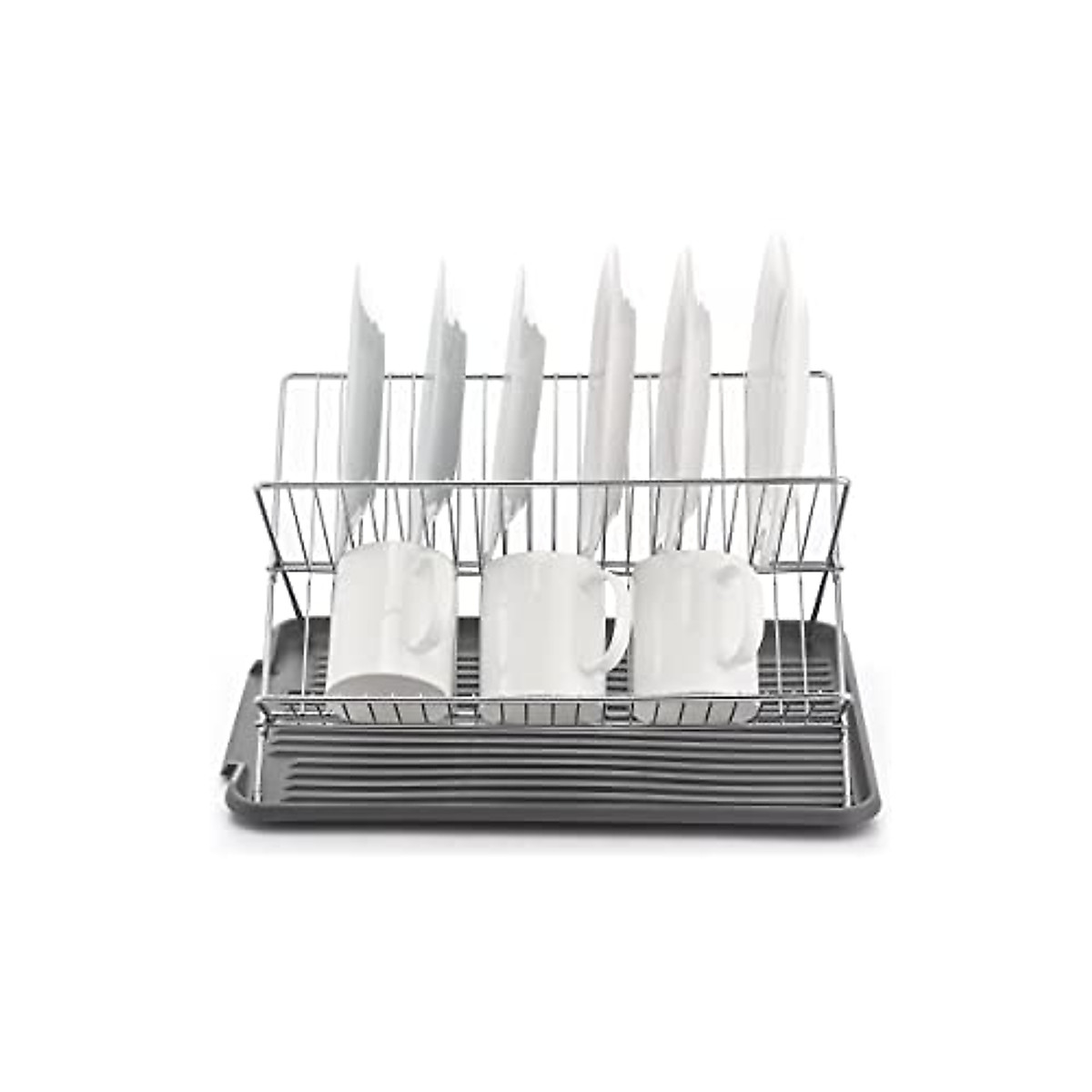 J&V TEXTILES Foldable Dish Drying Rack with Drainboard, Stainless Steel 2 Tier Dish Drainer Rack, Collapsible Dish Drainer, Folding Dish Rack for Kitchen Sink, Countertop, Cutlery, Plates (Gray)