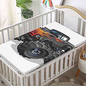 Monster Truck Themed Fitted Crib Sheet,Standard Crib Mattress Fitted Sheet Ultra Soft Material -Great for Boy or Girl Room or Nursery,28 x 52 Inch,Charcoal Grey Vermilion