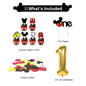 Mickey 1st Birthday Party Supplies Include Banner, Welcome Sign Door Hanger, Cake Topper, Confetti, Hat, High Chair Banner, Balloons Graland Arch, for Mickey Theme Mouse Party Decorations