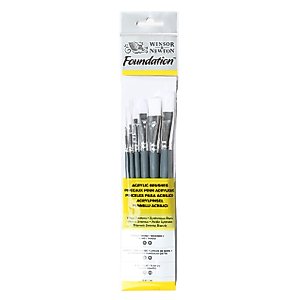Winsor & Newton Foundation Synthetic Acrylic Brush Set, Short Handle, Round, Filbert & Flat, 6 Pack