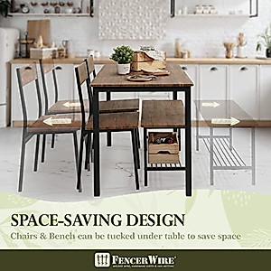 Fencer Wire 4 Pieces Dining Table Set for 4 w/Bench & Chairs, Rectangle Table, Bench & Two Chairs, Space-Saving Dining Set, Modern Table Set for Dining Room, Home, Kitchen w/Storage Rack, Teak Oak