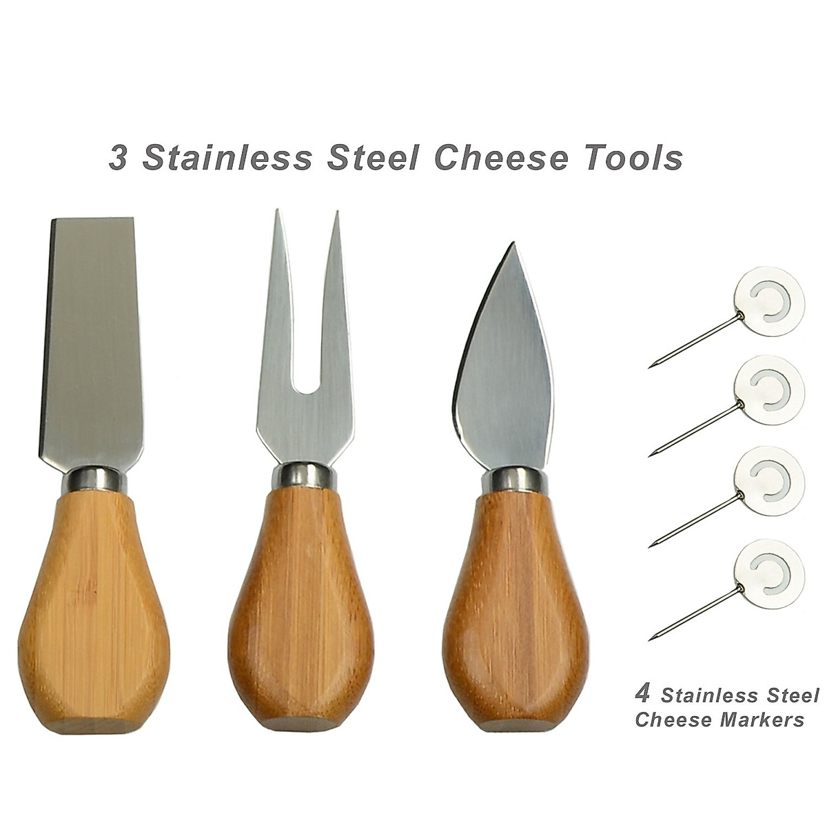 Round Bamboo Cheese Board Set with 3 Stainless Steel Tools and 4 Cheese Markers - 9" Diameter x 1.5" high